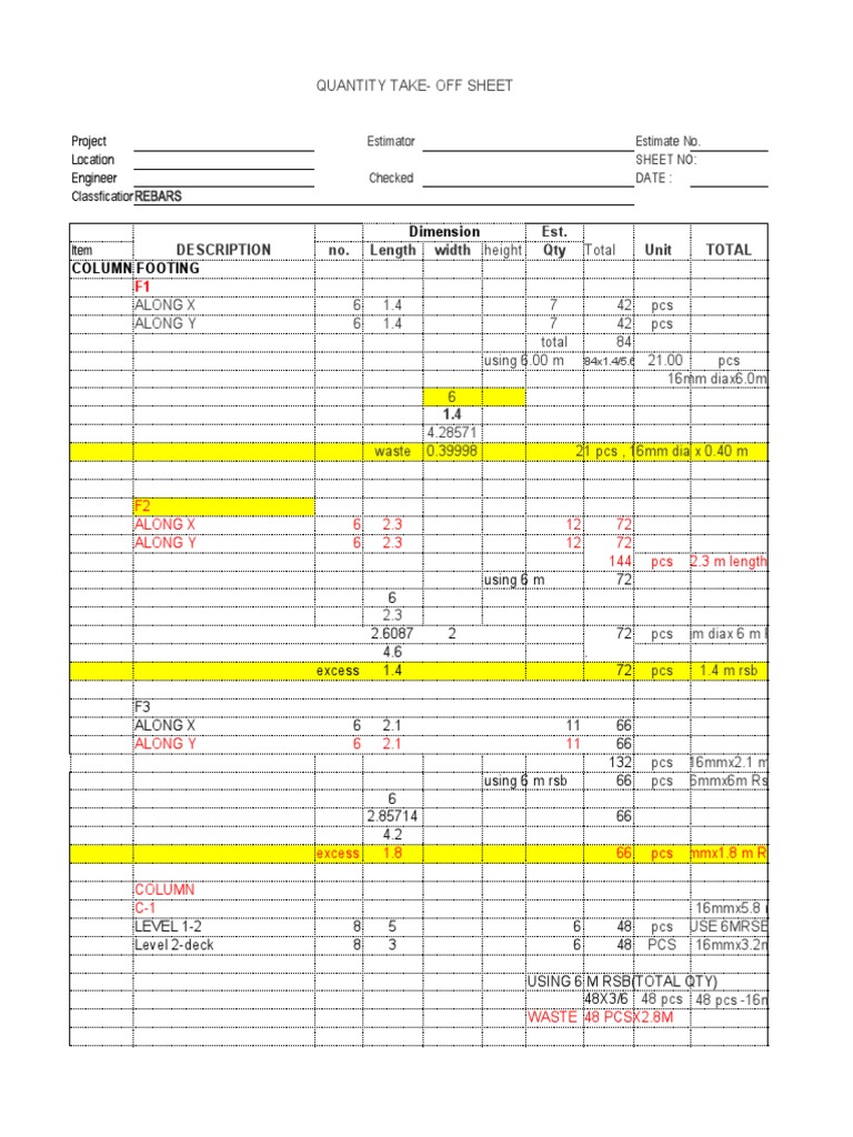 Quantity Take Off Sheet Earhtworks | PDF | Concrete | Architecture