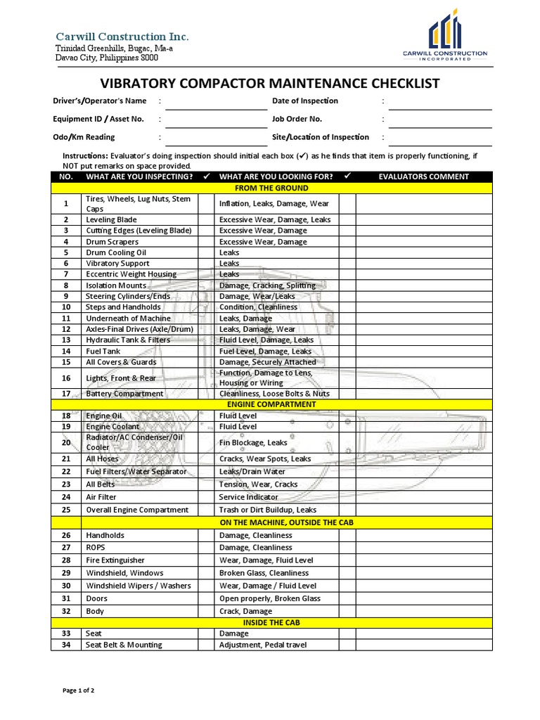 Vibratory Compactor Maintenance Checklist: Carwill Construction Inc ...