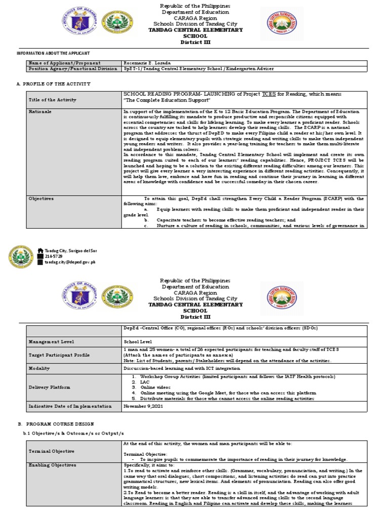 Activity Design School Reading Program of TCES CY 2021 Launching | PDF ...