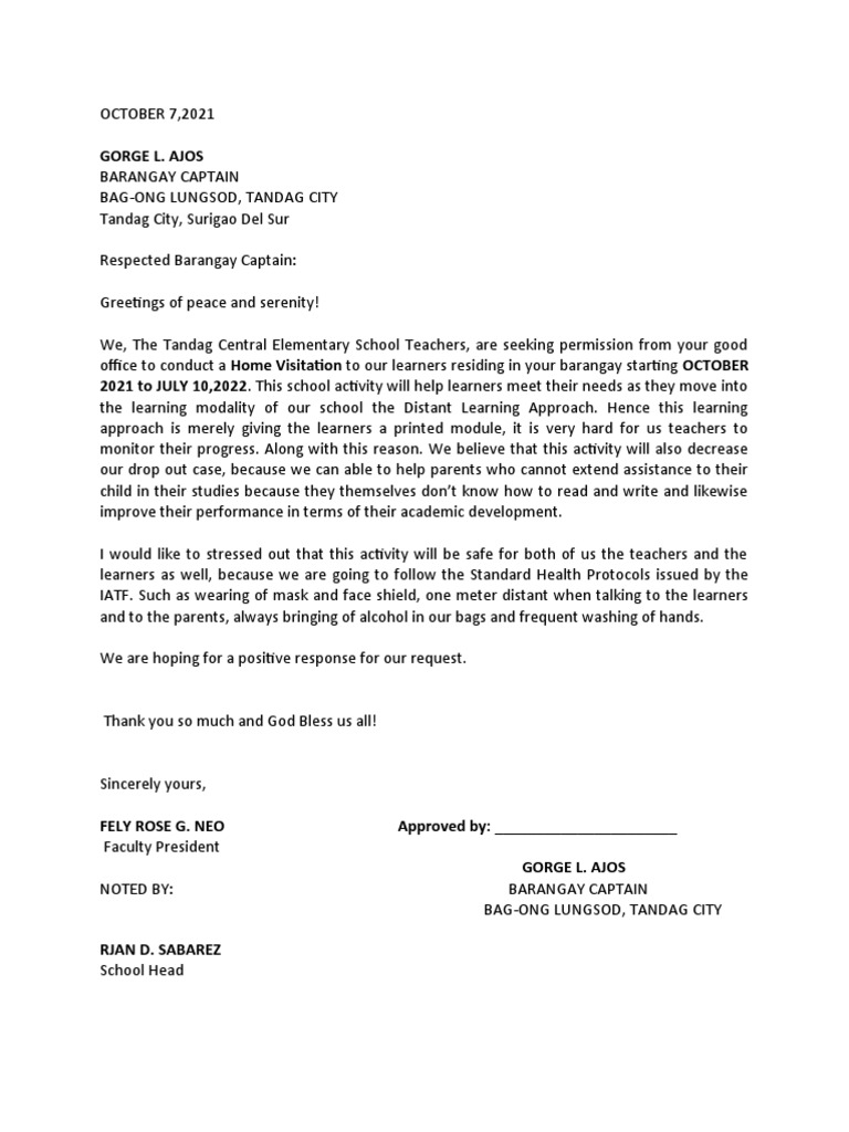 Home Visitation Letter To Principal | PDF