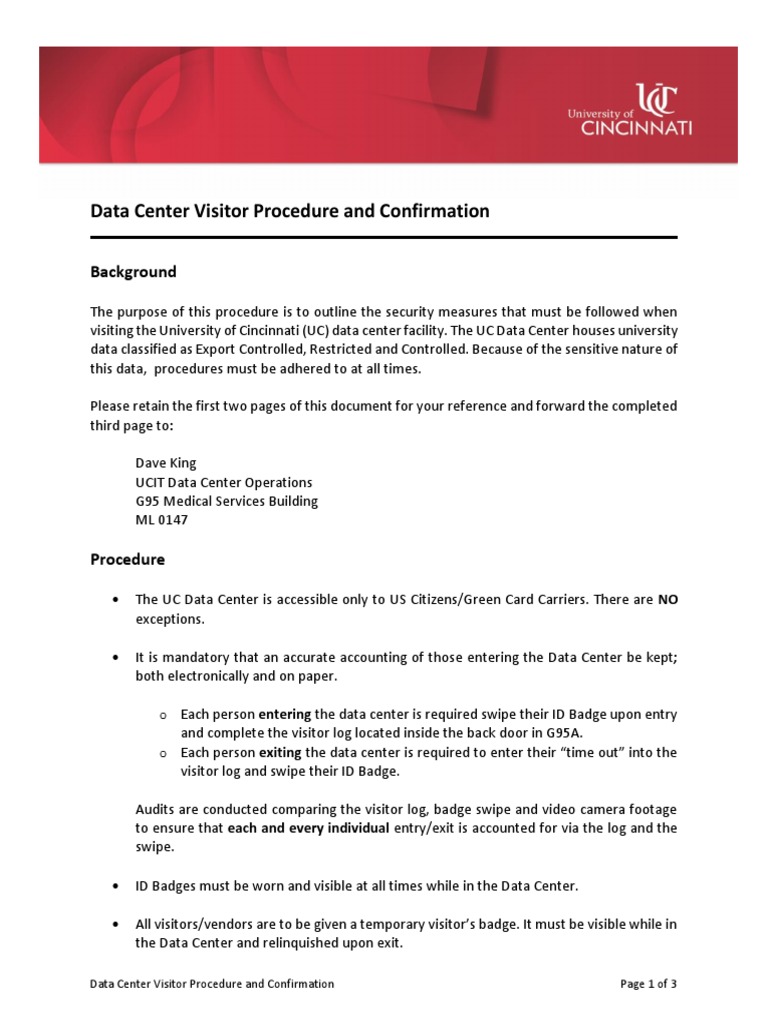 Data Center Visitor Procedure | PDF | Data Center | Identity Document