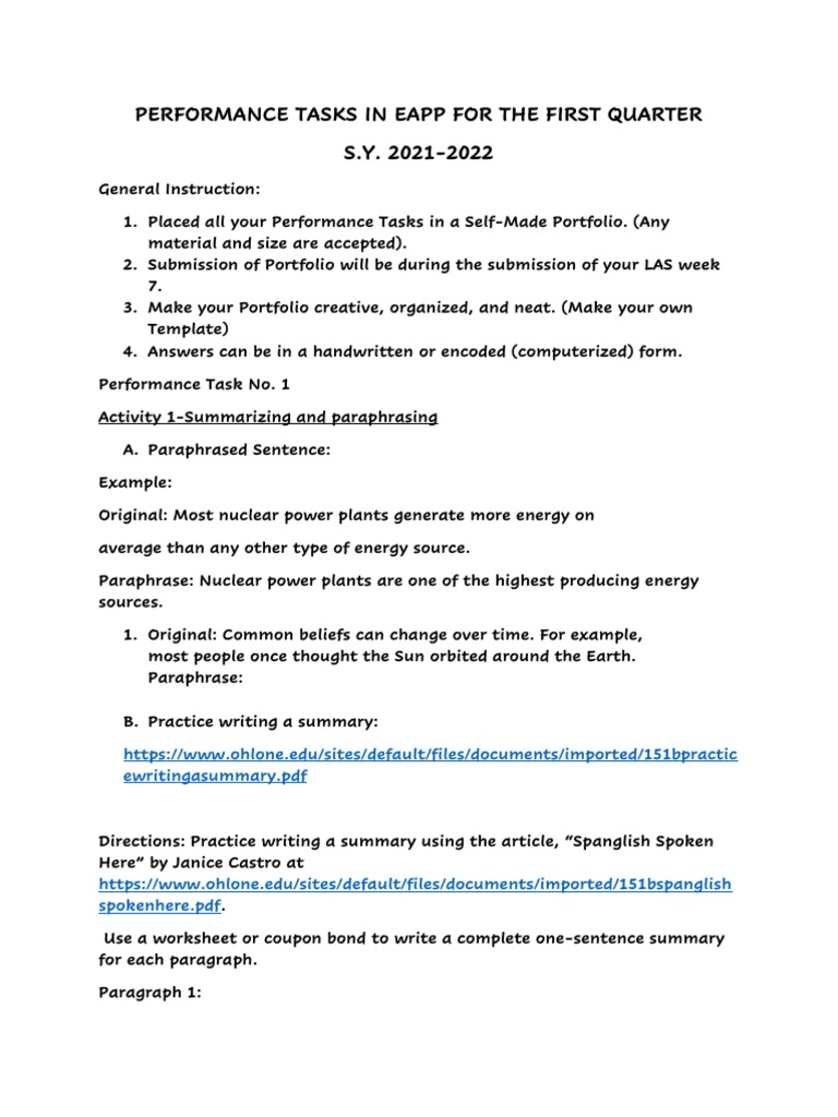 Performance Tasks in EAPP for the First Quarter: A Collection of ...