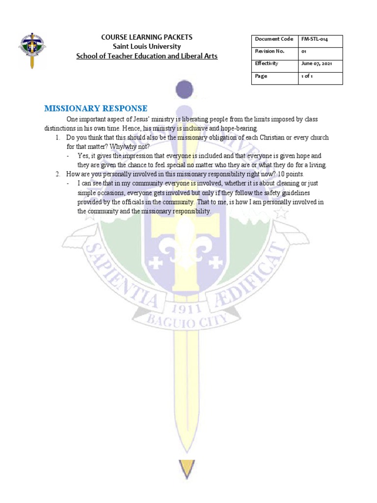 Module 2 Lesson 4 MISSIONARY RESPONSE | PDF