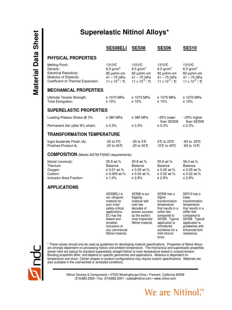Material Data Sheet Superelastic | PDF | Young's Modulus | Chemistry