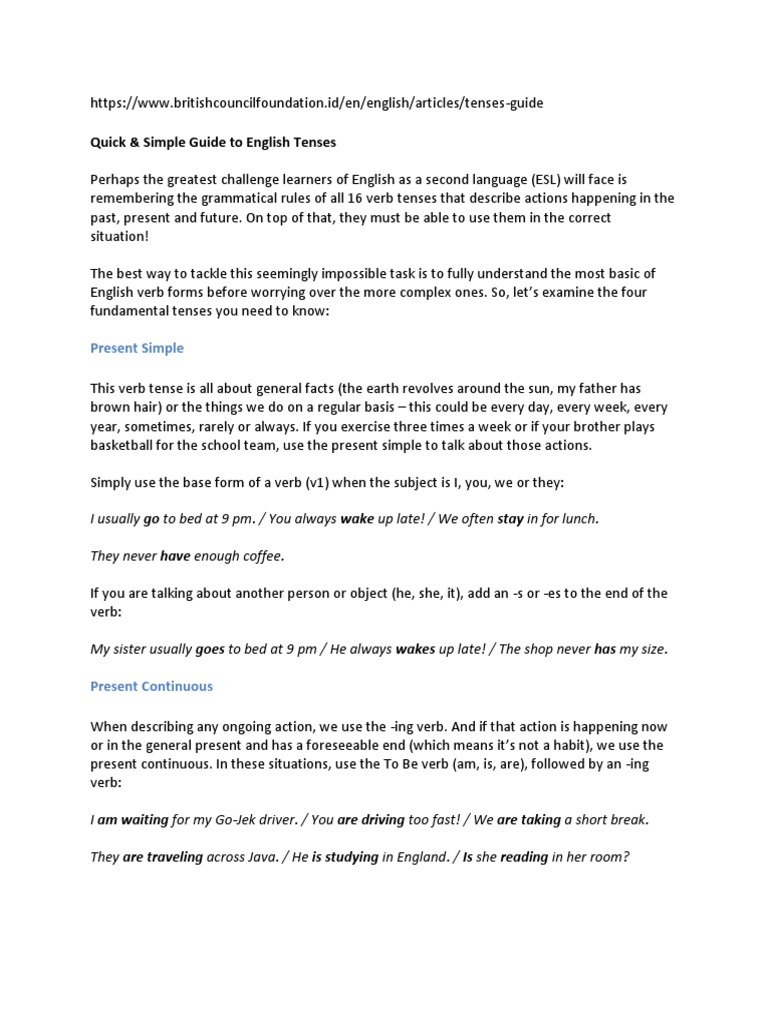 Quick Simple Guide To English Tenses | PDF | Grammatical Tense | Verb