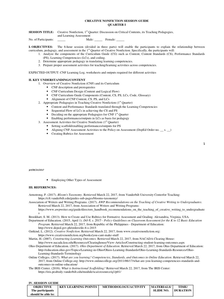 Creative Nonfiction Session Guide Final | PDF | Curriculum | Pedagogy
