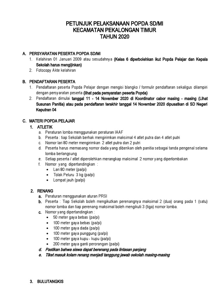 JUKNIS DAN JADWAL POPDA KEC PKL TIMUR 2020 Fix | PDF