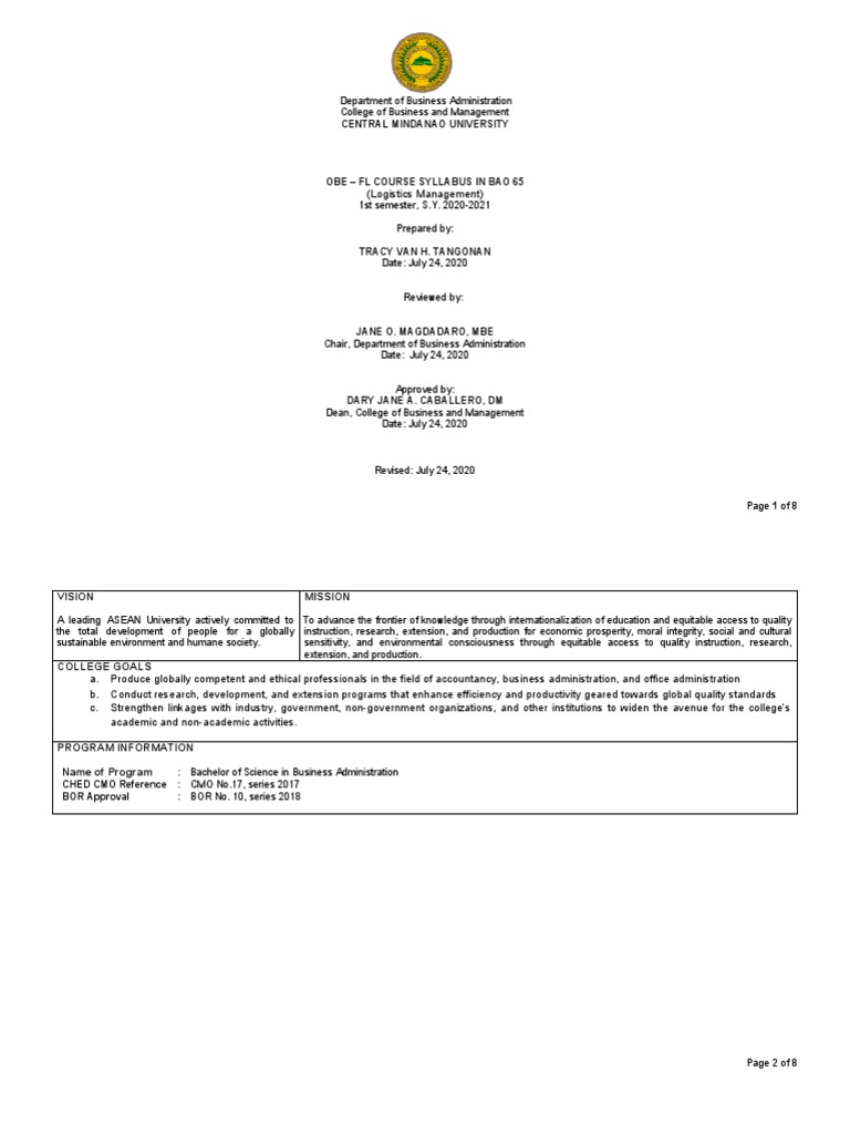 Logistics Management Course Syllabus for Bachelor of Science in ...