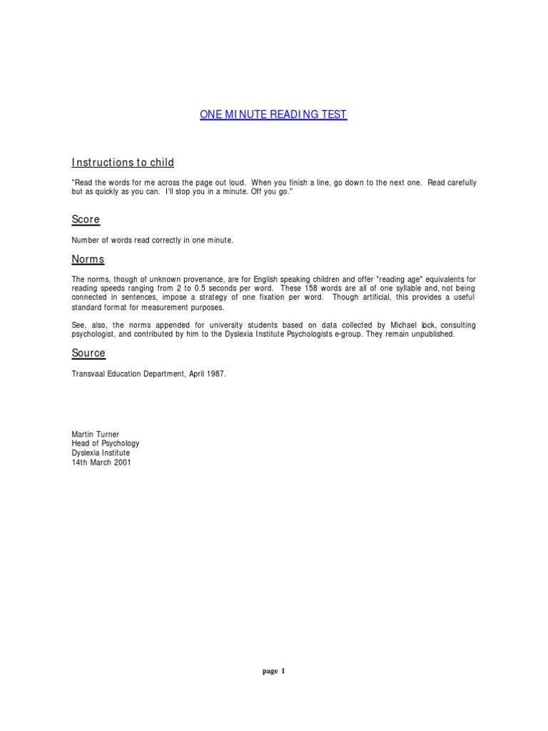 Instructions To Child: One Minute Reading Test | PDF | Learning ...