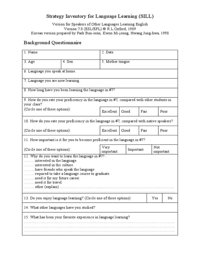 Strategy Inventory For Language Learning (SILL) | Download Free PDF ...