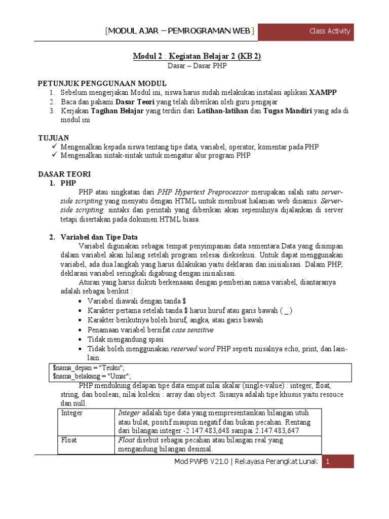 Modul 2 - Dasar - Dasar PHP | PDF | Metode & Bahan Ajar | Komputer