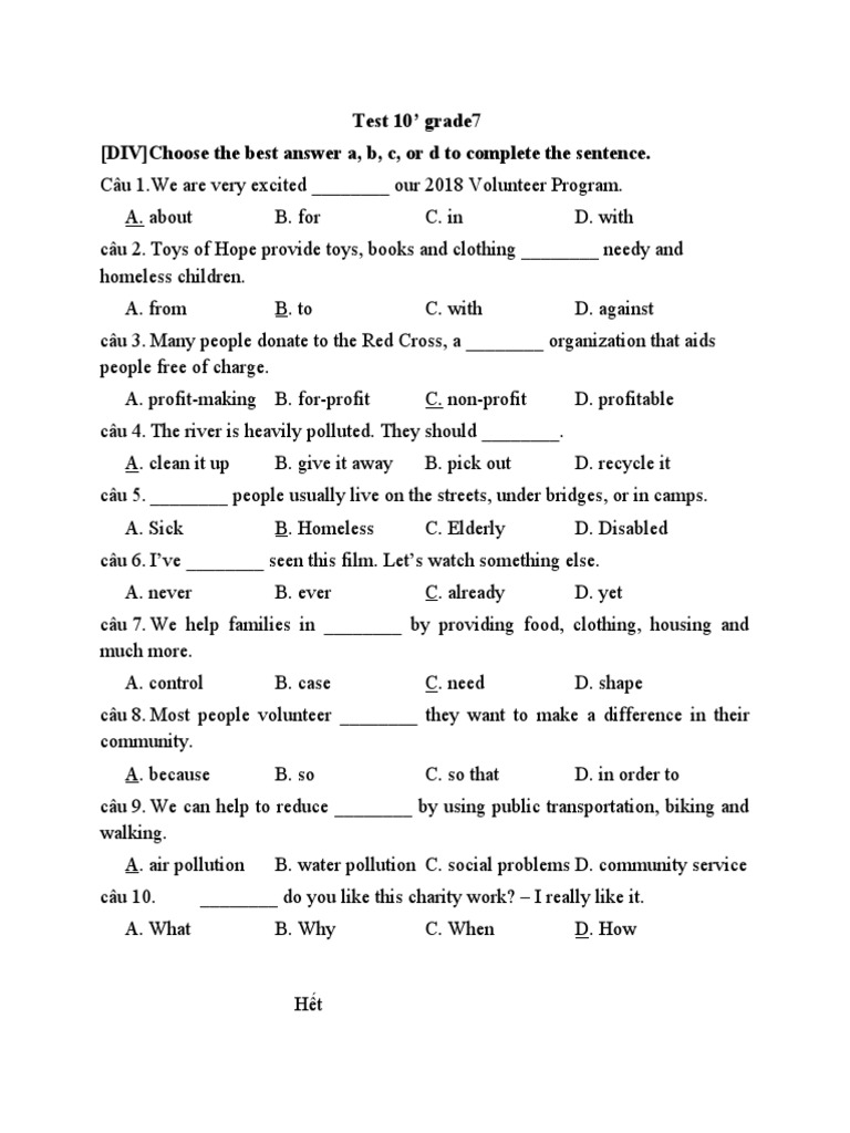 Test 10' Grade7 (DIV) Choose The Best Answer A, B, C, or D To Complete ...