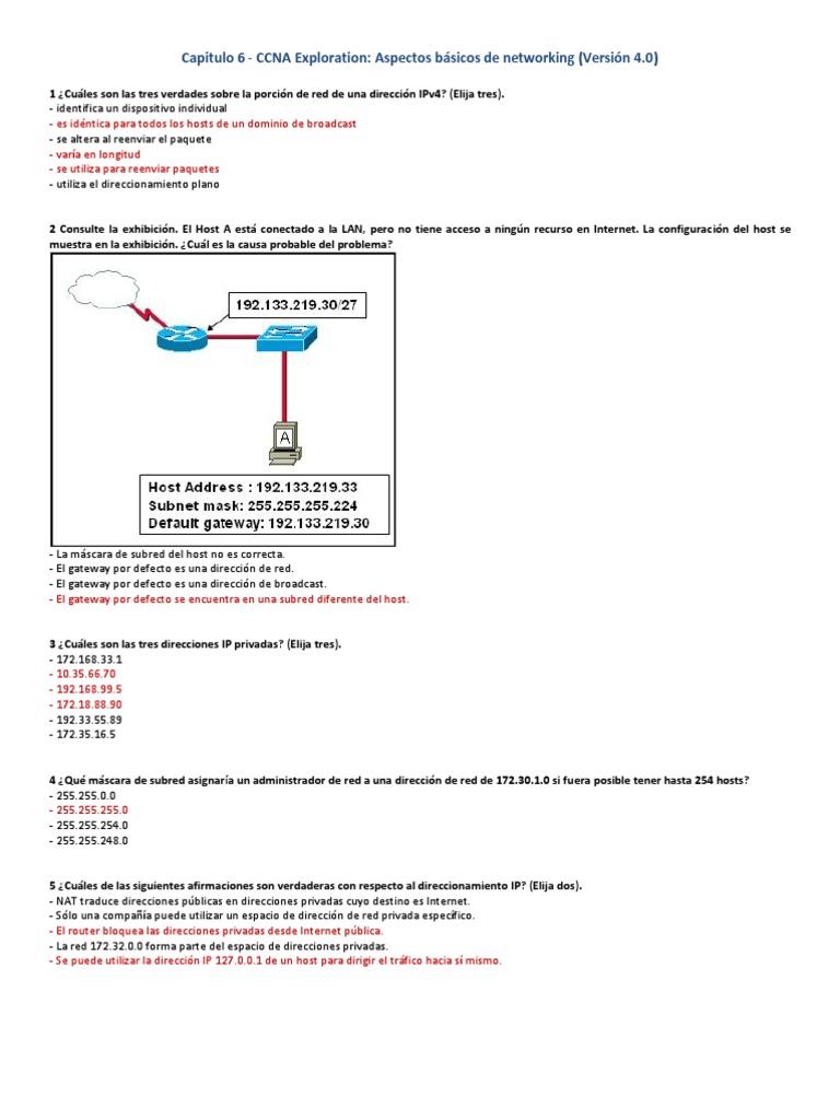 Ccna Examen Version 40 Cisco Modulo 1 Capitulo 6 Pdf Dirección Ip