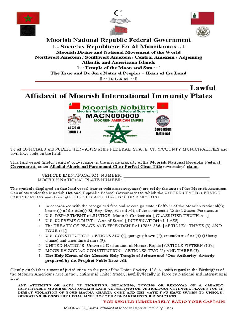 Moorish National License Plate Affidavit | PDF | Justice | Crime & Violence