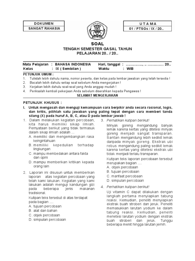 Soal PTS 1 B.Indonesia Kelas IX K13 | PDF