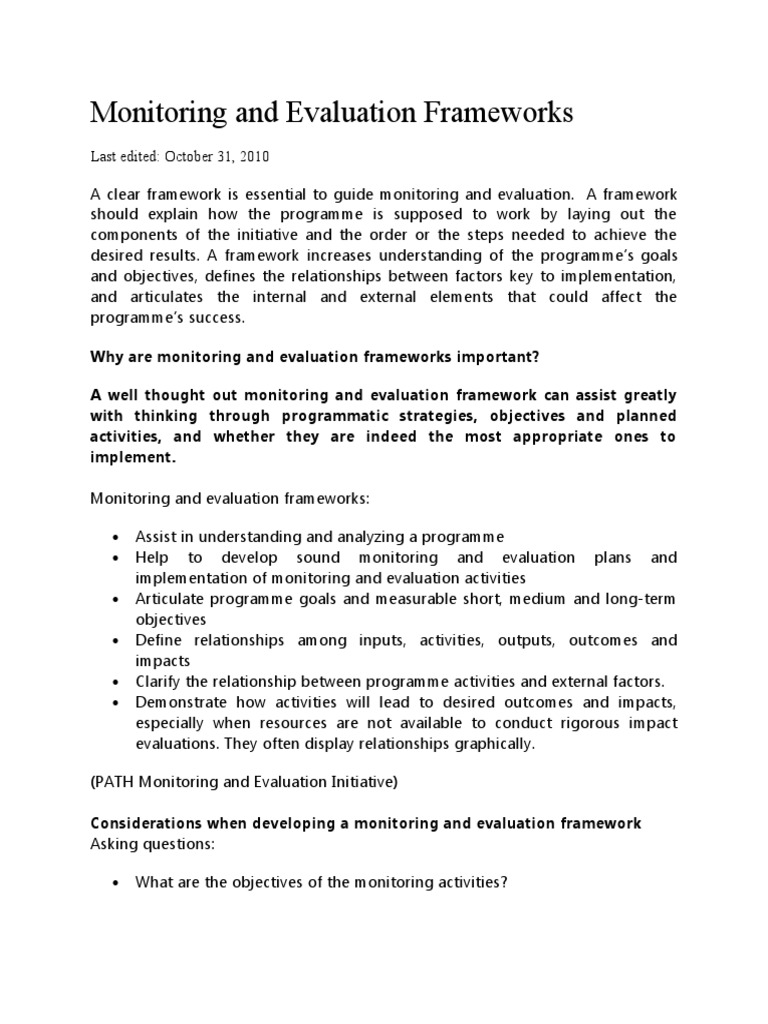 Monitoring and Evaluation Frameworks | PDF | Evaluation | Monitoring ...