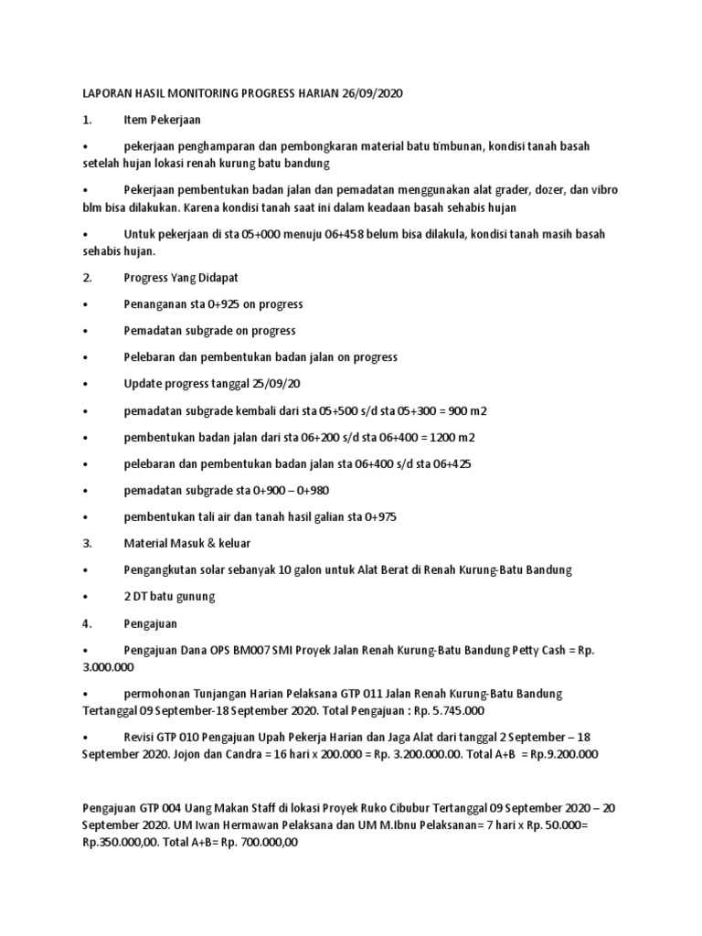 Laporan Progress Harian Proyek 26/09/2020 | PDF