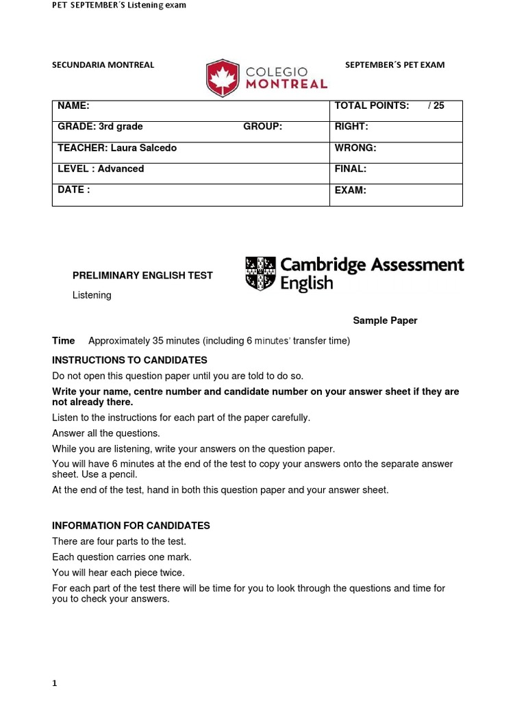 PET 3rd Grade Listening Exam | PDF | Test (Assessment)