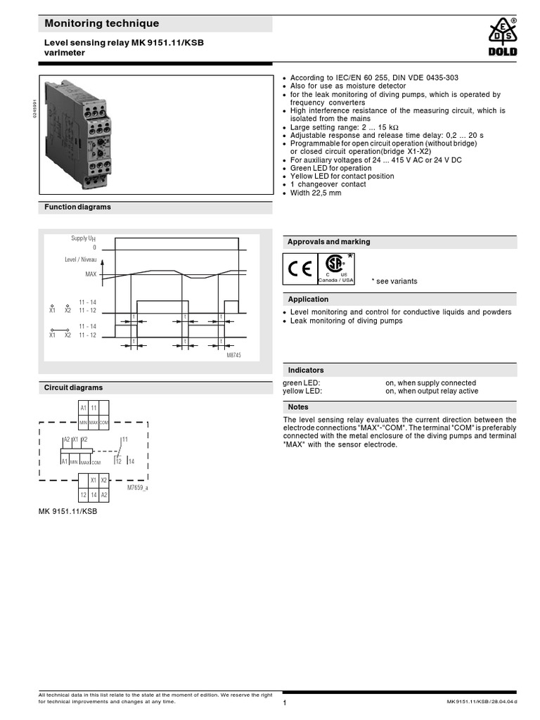 Monitoring Technique: Level Sensing Relay MK 9151.11/KSB Varimeter ...