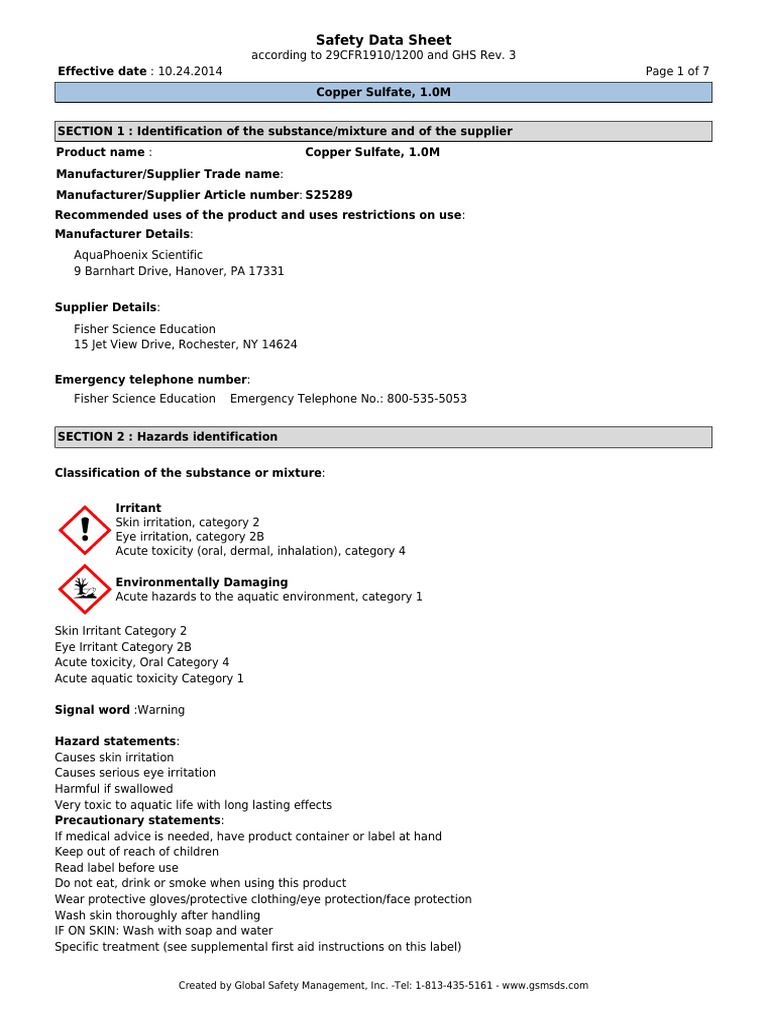 MSDS CuSO4 1,0 M | PDF | Toxicity | Firefighting