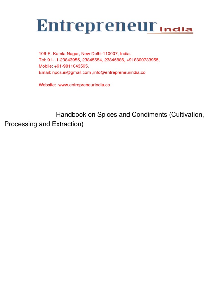 Handbook On Spices and Condiments - Cultivation Processing and Extraction | PDF | Spice | Sausage