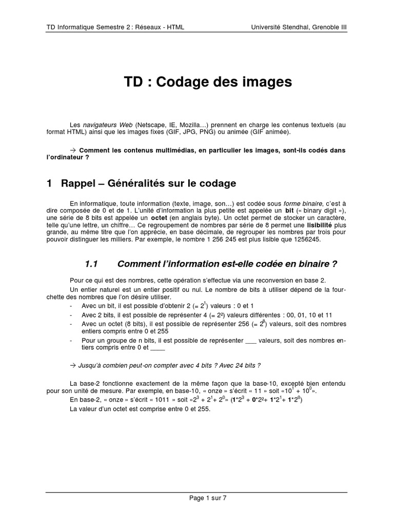 TD - Codage Des Images | PDF | Image numérique | Compression de données