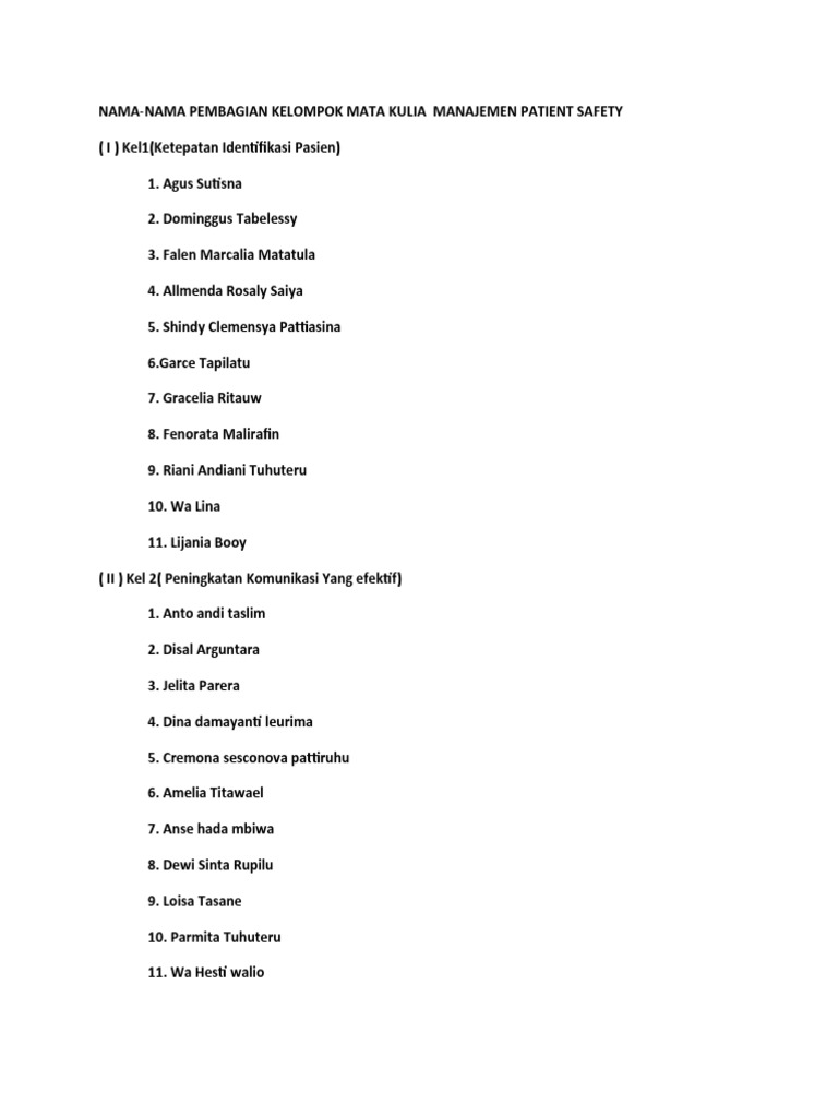 Nama-Nama Pembagian Kelompok Manajemen Patient Safety | PDF Nama-Nama Pembagian Kelompok Manajemen Patient Safety | PDF