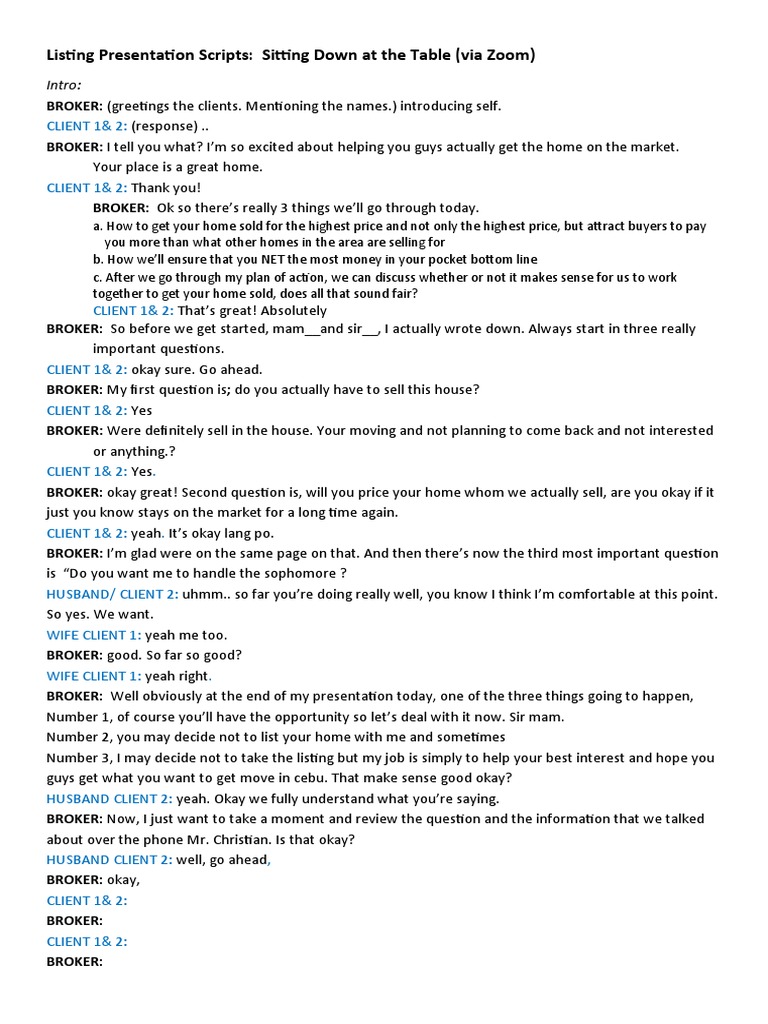 Listing Presentation Scripts: Sitting Down at The Table (Via Zoom) | PDF