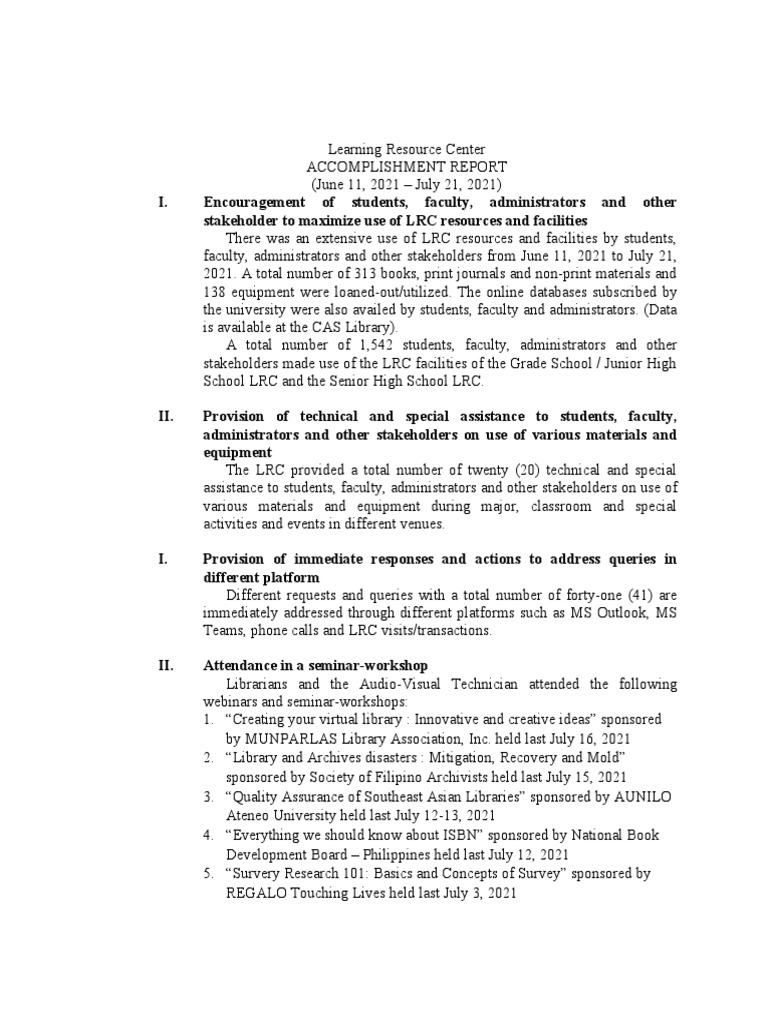 Accomplishment-Report - Jun14-July19 2021 | PDF | Libraries | Librarian