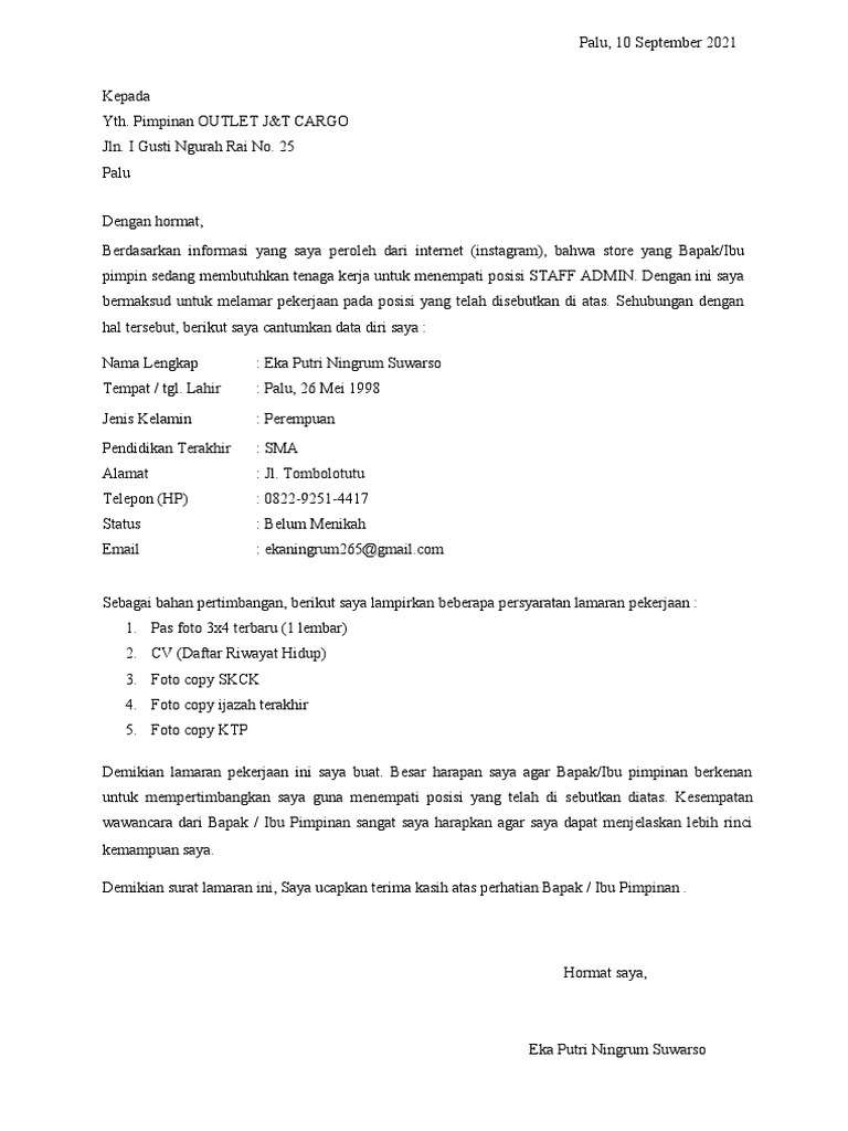 Surat Lamaran ADMIN J&T CARGO | PDF | Karier & Perkembangan