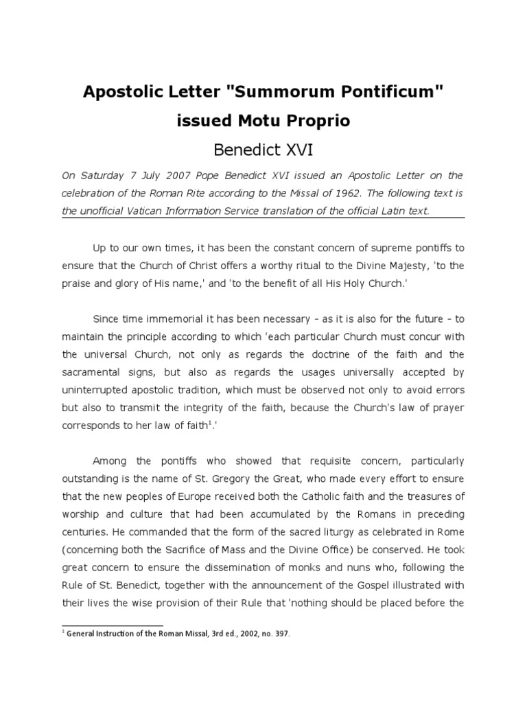 Apostolic Letter "Summorum Pontificum" Issued Motu Proprio: Benedict ...