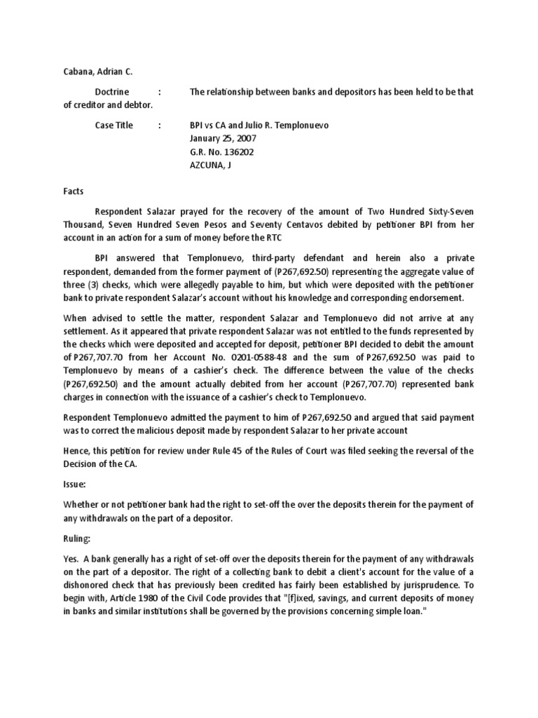 BPI Vs CA and Julio R. Templonuevo | PDF | Deposit Account | Banks