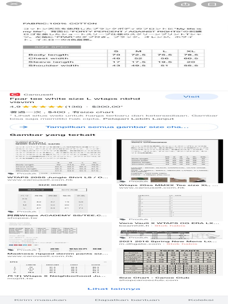 Size Chart Wtaps - Penelusuran Google | PDF | Softlines (Retail) | Fashion