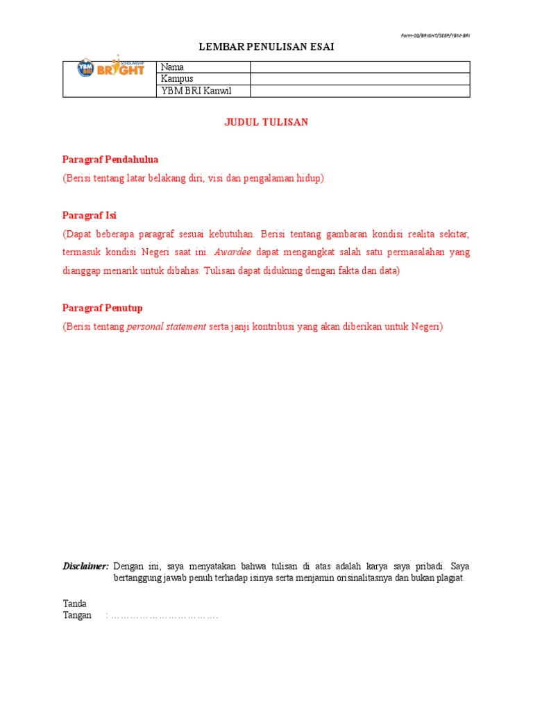 Form 08 Lembar Penulisan Esai | PDF