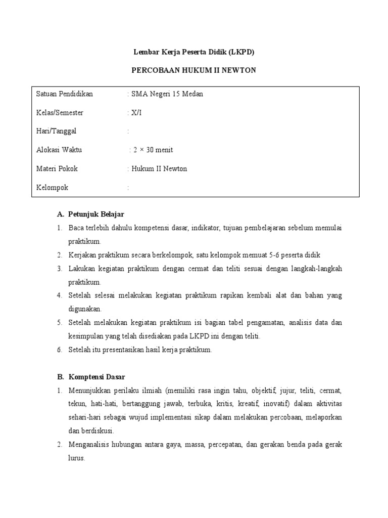 LKPD Berbasis PBL (Problem Based Learning) Hukum 2 Newton | PDF