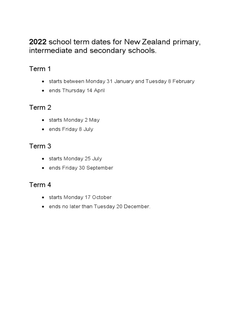 2022 New Zealand School Term Dates | PDF