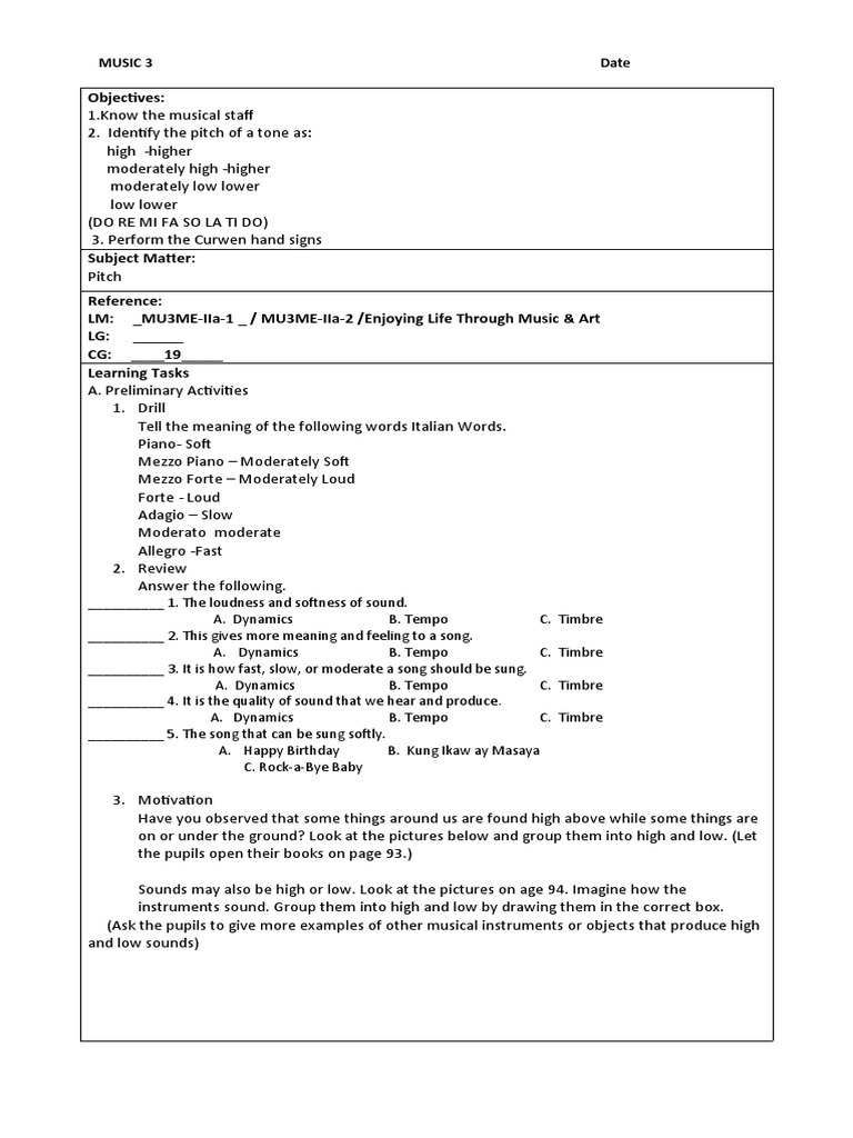 MUSIC 3 Lesson Plan | PDF | Pitch (Music) | Musical Notation