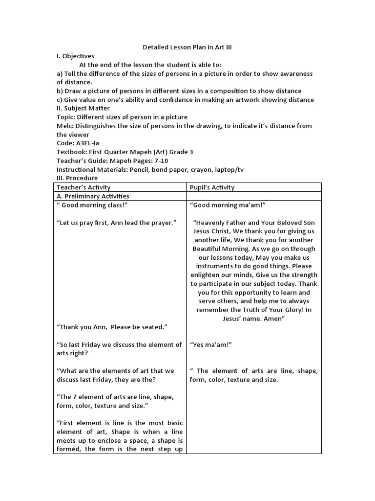 Detailed Lesson Plan in Art III | PDF | Lesson Plan | Cognition