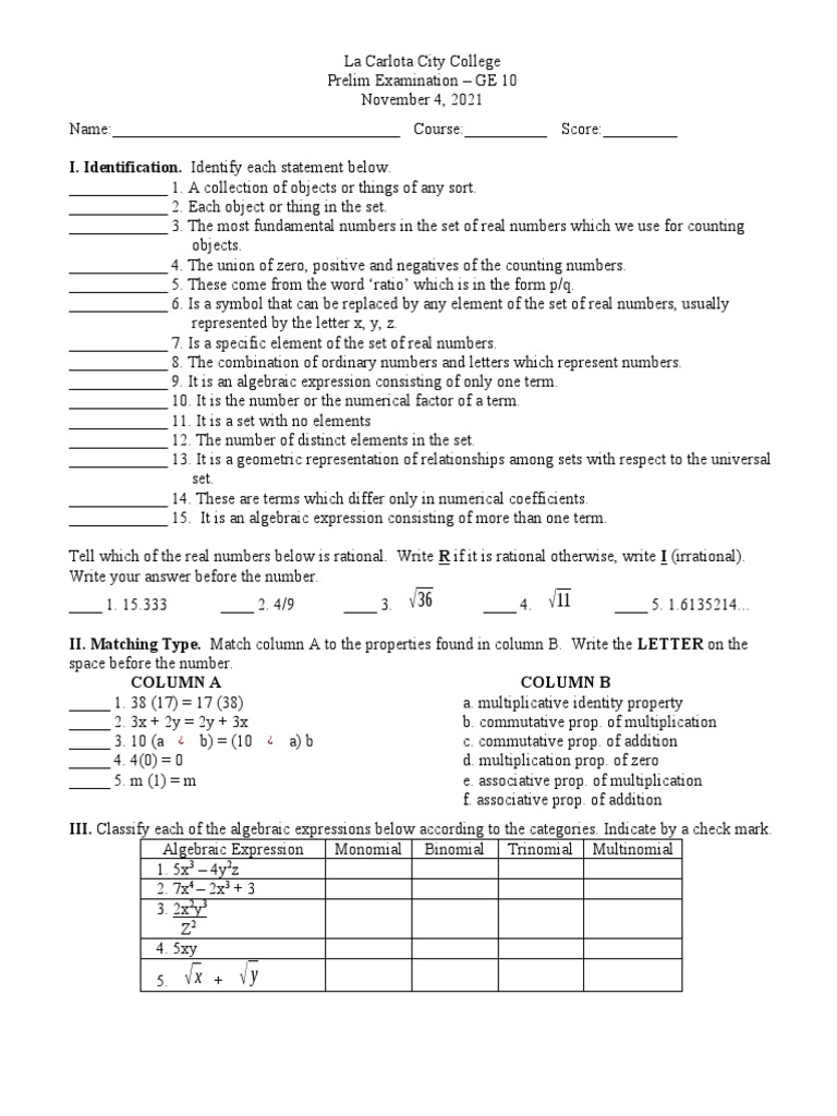 Prelim Exam | PDF | Numbers | Real Number