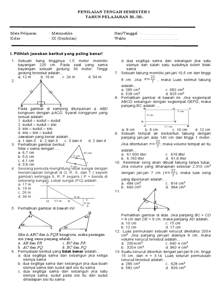 Soal PTS MTK Kelas IX Ganjil (SFILE | PDF