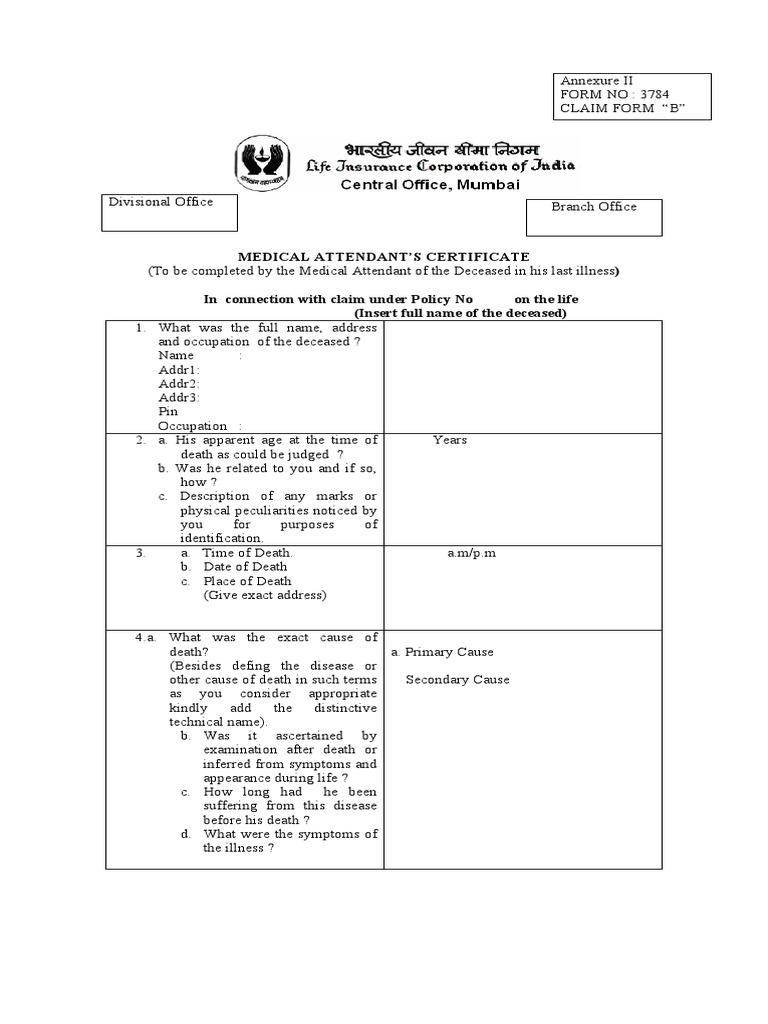 LIC Claim Form B 3784 Medical Attendant's Certificate | PDF | Death ...