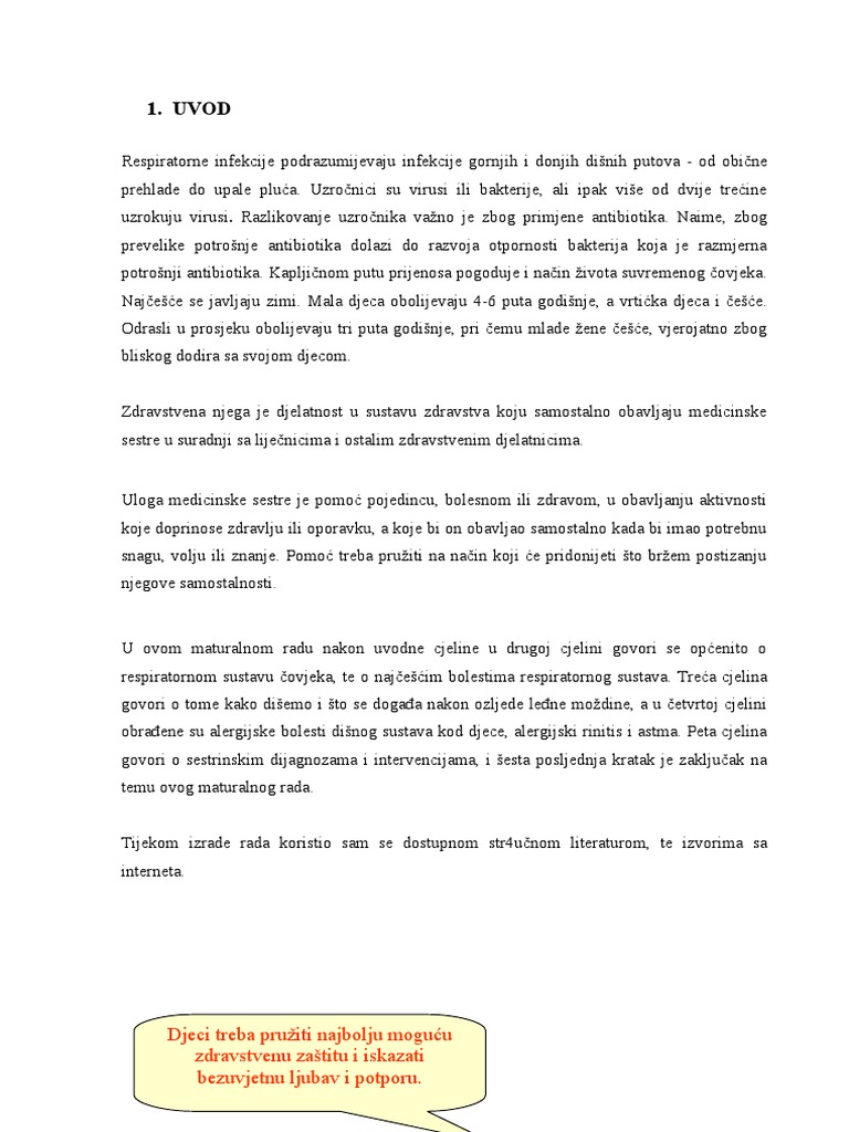 Zdravstvena Njega Djeteta Oboljelog Od Bolesti Respiratornog Sustava | PDF