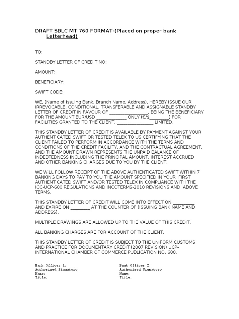 Letter Of Credit Sample Format