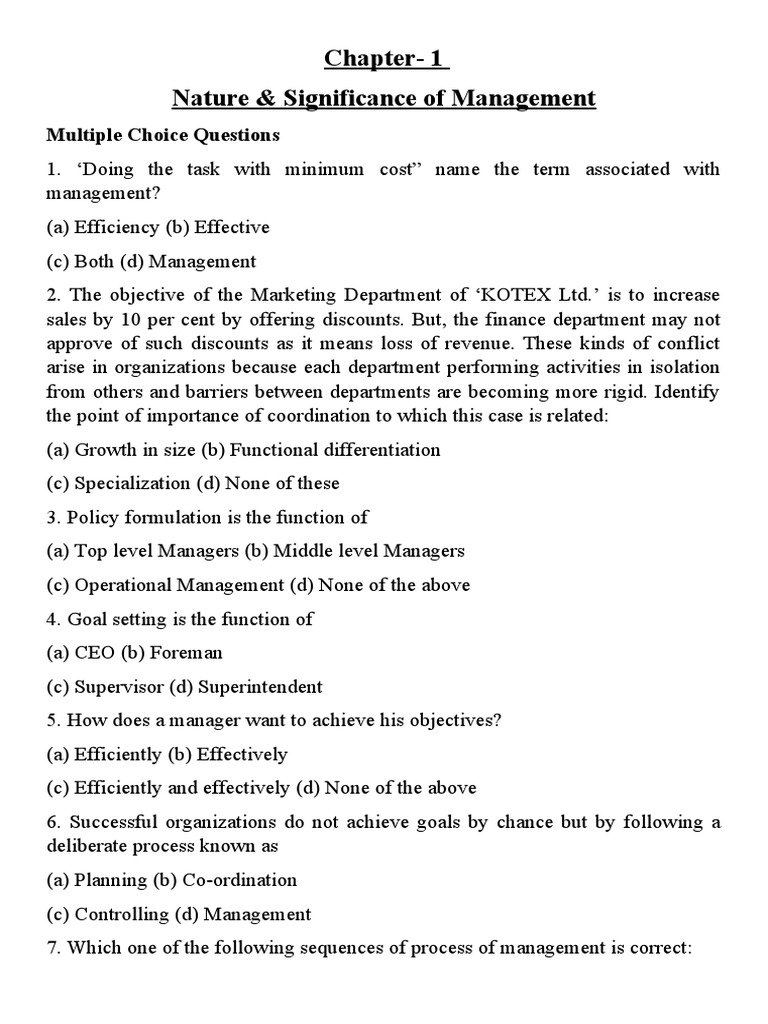 Chapter-1 Nature & Significance of Management: Multiple Choice ...