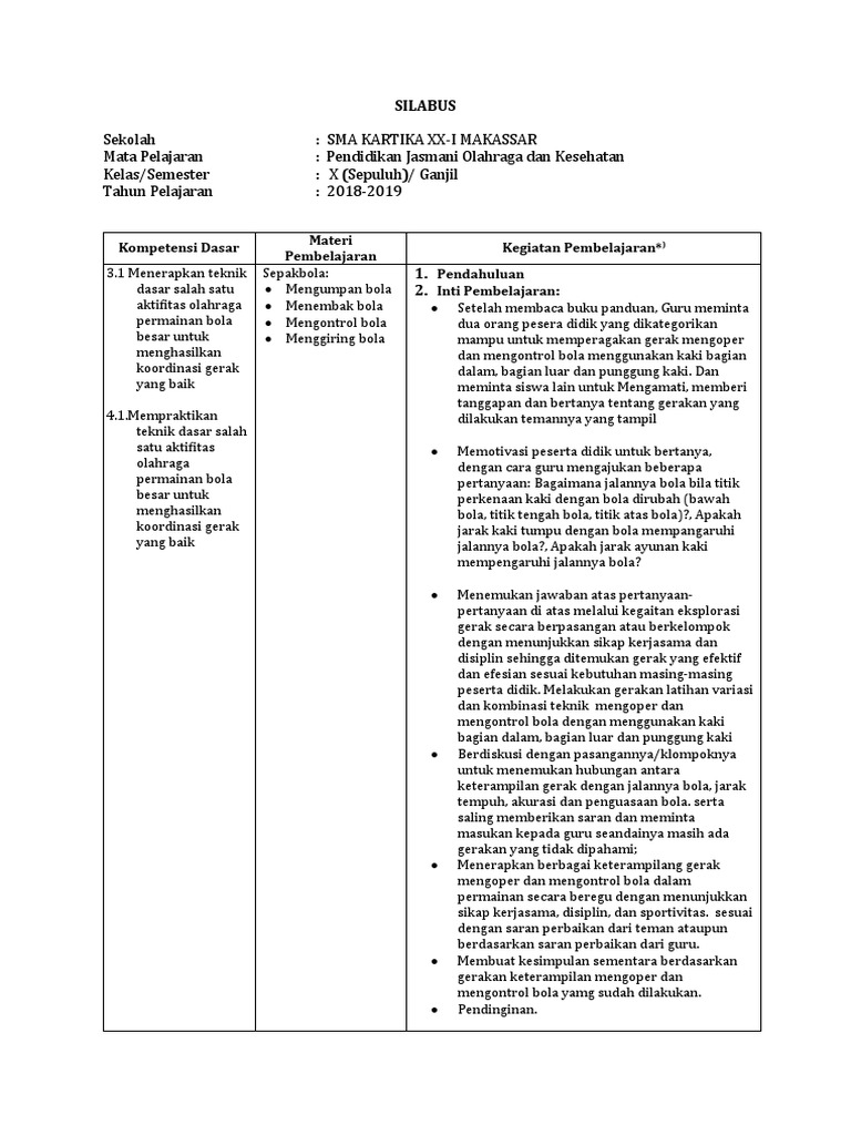 Silabus Olahraga SMA Kelas X Ganjil | PDF