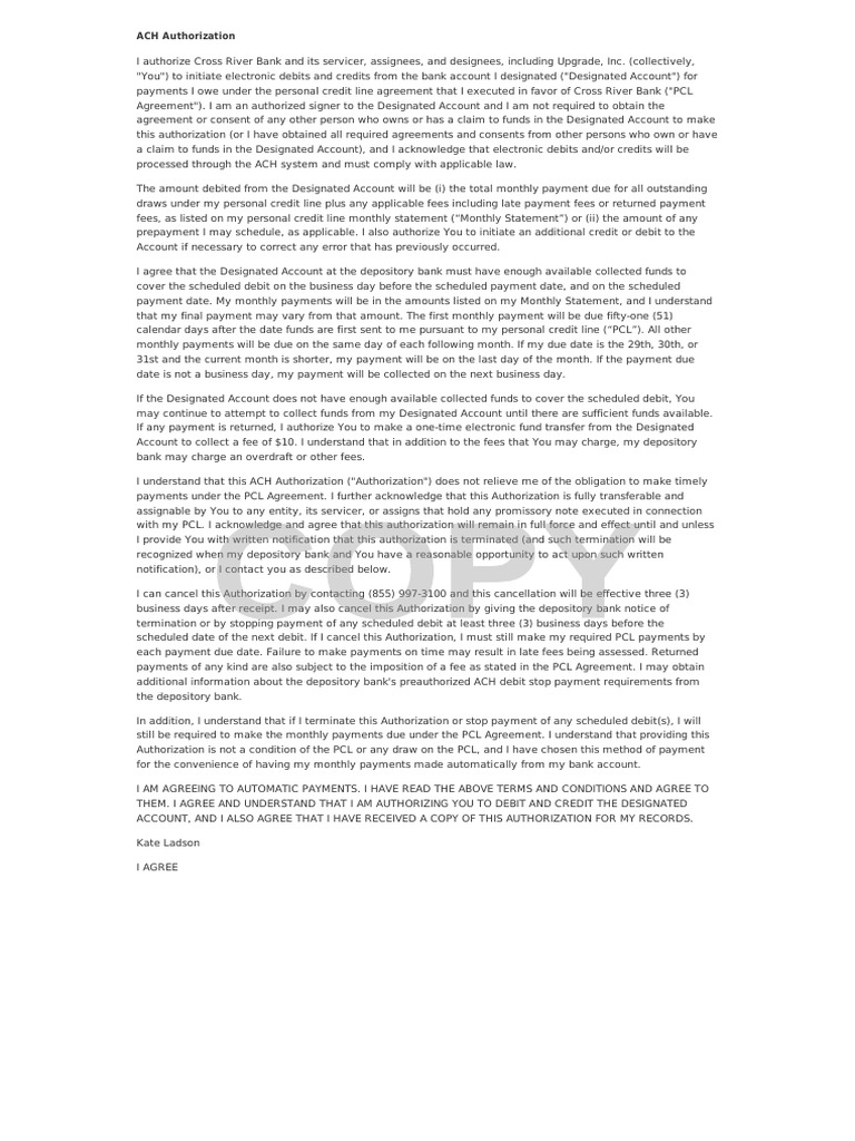 ACH Authorization Agreement | PDF | Payments | Banks