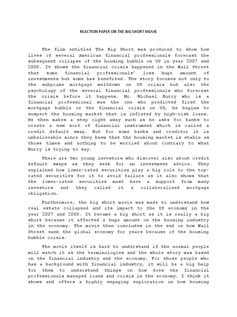 Reaction Paper on The Big Short Movie | PDF | Financial Crisis Of 2007 ...