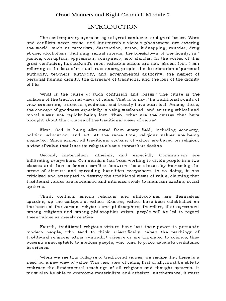 Good Manners and Right Conduct: Module 2 | PDF | Value (Ethics) | Axiology