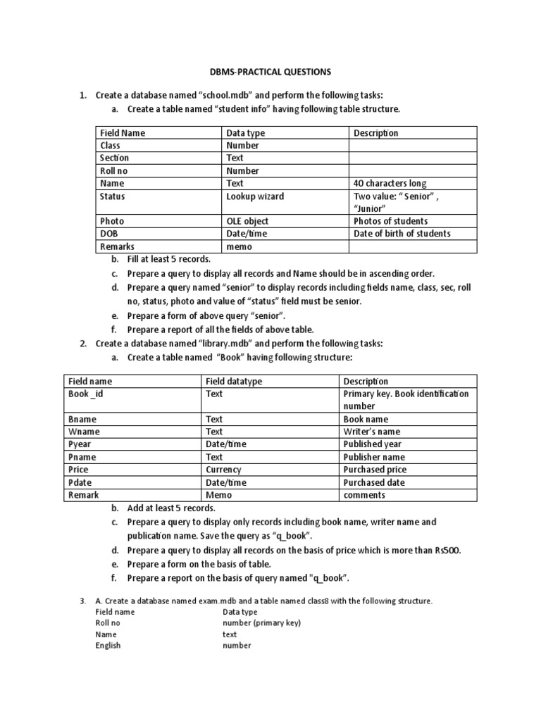 Dbms-Practical Questions | PDF | Databases | Table (Database) Dbms-Practical Questions | PDF | Databases | Table (Database)