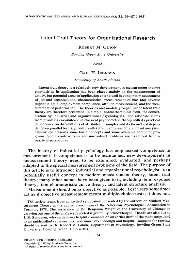 Latent Trait Theory For Organizational Research: Bowling Green State ...
